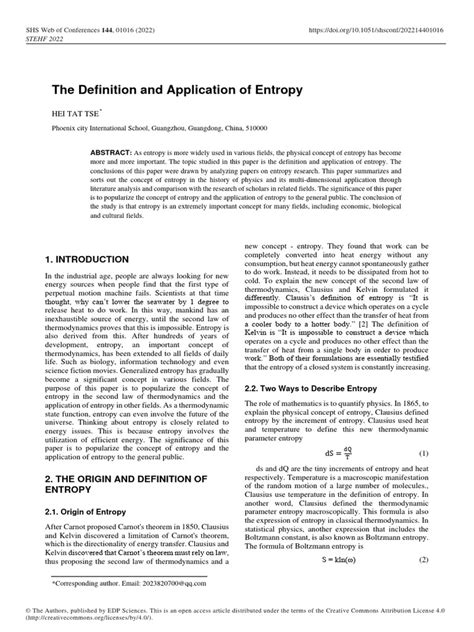 The Definition And Application Of Entropy Pdf Entropy Temperature