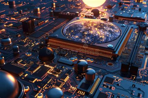 Graphic Of 3d Model Of Data Integration On A Lunar Electronic Mainboard Stock Illustration