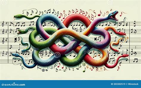 A Group Of Multi Colored Snakes Are On The Music Notes Stock