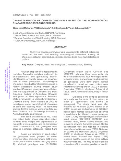 Pdf Characterization Of Cowpea Genotypes Based On The Morphological