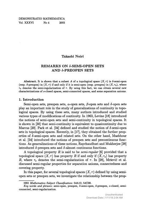 pdf remarks on δ semi open sets and δ preopen sets