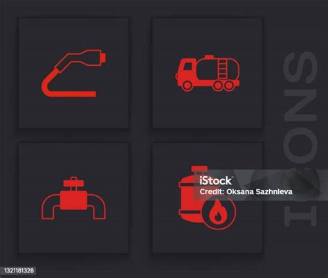 프로판 가스 탱크 전기 케이블 플러그 충전 탱커 트럭 및 금속 파이프 및 밸브 아이콘을 설정합니다 벡터 가연성에 대한 스톡 벡터