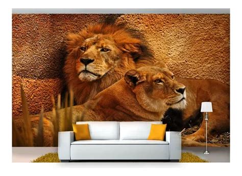 Papel De Parede Adesivo Animais Casal De Leões 3d Anm199 Colorido