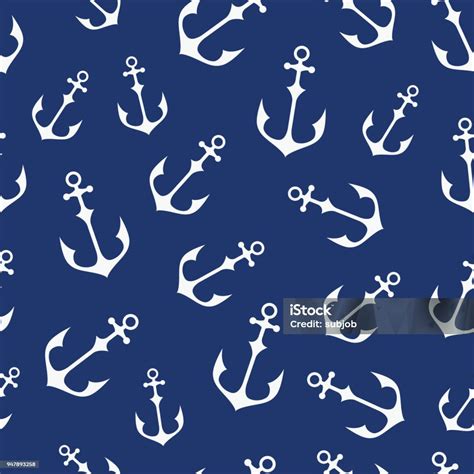 해양 테마의 간단한 그래픽 완벽 한 패턴입니다 포장 디자인에 대 한 종이 질감 파란색 배경에 흰색 앵커 해양 벡터 벽지 반복 계절에 대한 스톡 벡터 아트 및 기타 이미지