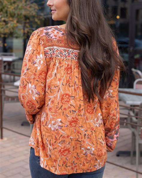 Boho Peasant Top In Apricot Floral Final Sale Apricot Floral Xs