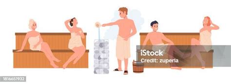 사우나 또는 목욕탕에서 김이 나는 수건에 싸인 행복 한 편안한 사람들 친구 만화 캐릭터 남자에 대한 스톡 벡터 아트 및 기타 이미지 남자 수건 가정의 방 Istock