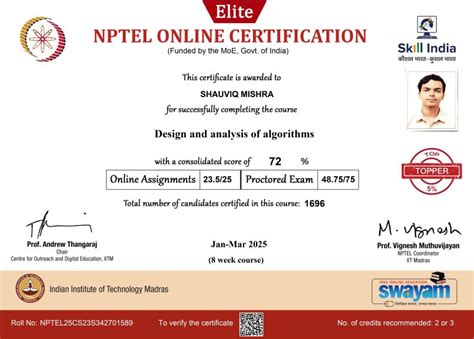 Nptel Iitmadras Elitecertified Top5percent Algorithms Computerscience Learningjourney