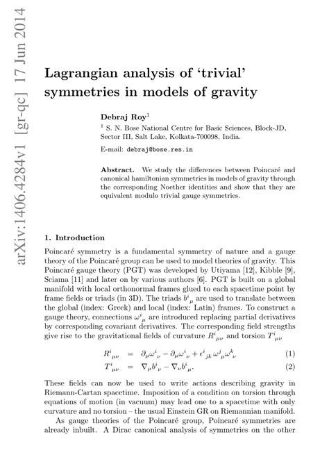 Pdf Lagrangian Analysis Of ‘trivial Symmetries In Models Of Gravity