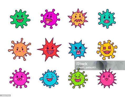바이러스 Kawaii 세균 감염과 미생물의 귀여운 만화 캐릭터 손으로 그린 스타일입니다 벡터 그리기 디자인 요소 모음 가공의 인물에 대한 스톡 벡터 아트 및 기타 이미지
