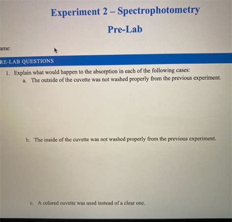 Solved Experiment 2 Spectrophotometry Pre Lab Ame Re Lab