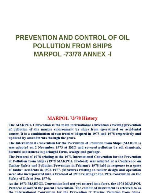 Prevention And Control Of Oil Pollution From Ships Marpol 7378 Annex