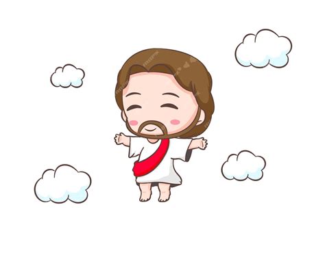 구름에 귀여운 예수 그리스도 만화 캐릭터 예수님의 승천 부활절 시즌 프리미엄 벡터