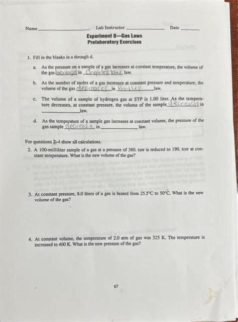 solved name lab instructor date experiment 8 gas laws