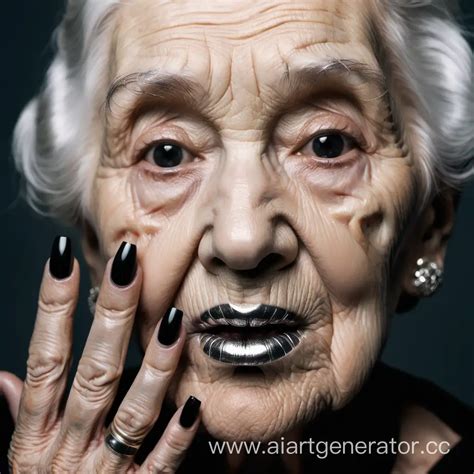 Elegant Elderly Woman With Black Nails And Silver Lips Portrait Ai Art Generator