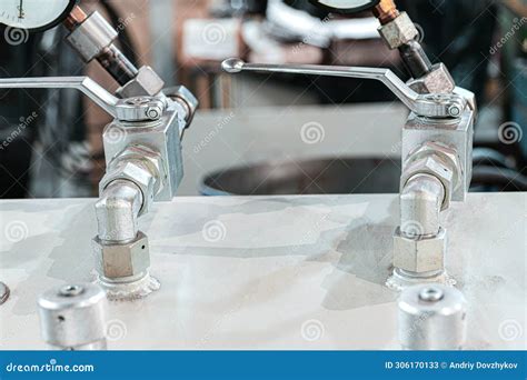 Pressure Switching Valve Of A High Pressure Hydraulic Oil Station With Pressure Gauges Royalty