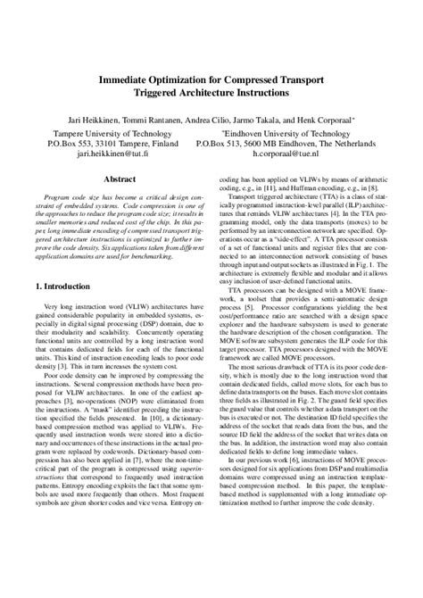 Pdf Immediate Optimization For Compressed Transport Triggered Architecture Instructions