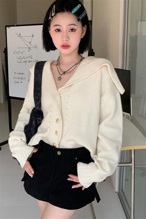 핑크프릴 골드 단추 세일러문 카라 긴소매 롱슬리브 니트 가디건