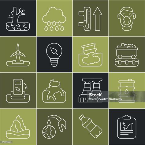 세트 라인 지구 온난화 배럴 오일 석탄 기차 마차 잎이 있는 전구 풍력 터빈 시든 나무 및 누출 아이콘 벡터 0명에 대한 스톡