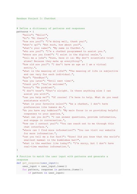 ds using python handson project 2 chattbot define a dictionary of