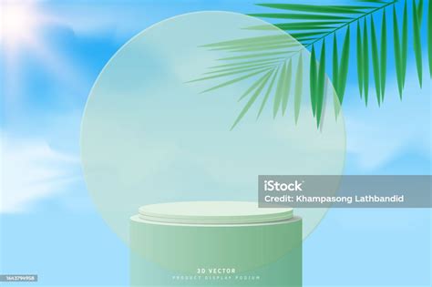 3d 푸른 하늘 구름과 태양 배경 녹색 3d 투명 유리 실린더 연단 받침대 또는 원형 유리 배경과 야자 코코넛 잎이 있는 제품 디스플레이 프레젠테이션 3d 기하학적 형태