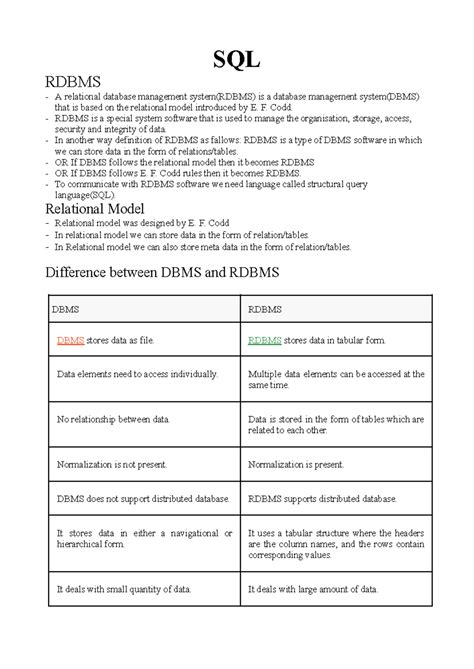 Unit 3 Sql Sql Rdbms A Relational Database Management Systemrdbms