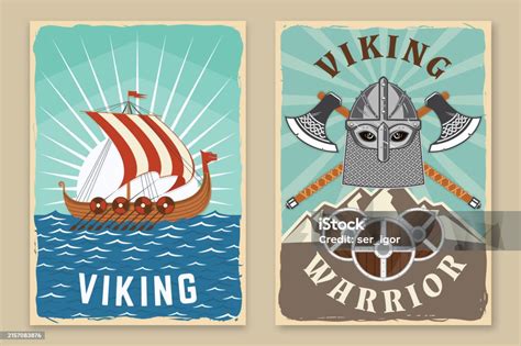 바이킹 전사 복고풍 포스터 세트입니다 벡터 일러스트 레이 션입니다 전단지 브로셔 십자가 전투 도끼와 바이킹 선박이 있는 헬멧에 바이킹이 있는 배너 템플릿 디자인 광전사에