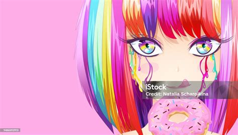 Ute Girl With Rainbow Hair And Blue Eyes Is Eating A Pink Donut Stock