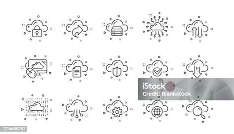컴퓨터 클라우드 아이콘입니다 호스팅 컴퓨팅 데이터 및 파일 스토리지 선형 아이콘 세트입니다 벡터 0명에 대한 스톡 벡터 아트 및