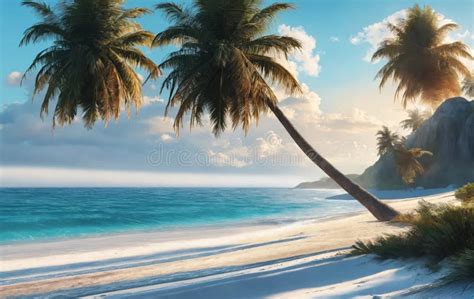 Colorful Beach With Palm Trees And White Sand Summer Vacation Theme