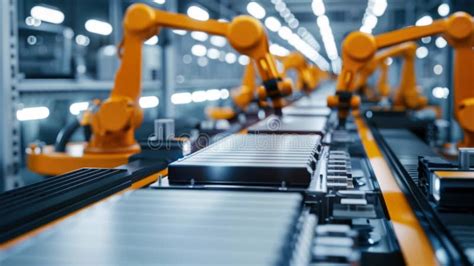 Automated Assembly Line With Robot Arms Production Of Lithium Batteries In A Car Factory Stock
