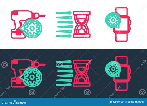 Set Line Smartwatch Setting Drill Machine And Old Hourglass With Sand Icon Vector Stock Vector