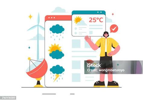 기상학자 벡터 일러스트 레이 션 날씨 예보 및 대기 강수량 맵 평면 스타일 만화 배경 디자인 감시에 대한 스톡 벡터 아트 및