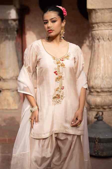 Buy Ivory Silk Organza Pearls Zari Hand Embroidered Kurta Farshi