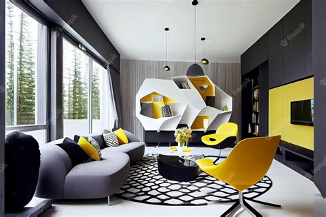 큰 창문이 있는 밝은 거실의 생성 Ai 일러스트레이션 프리미엄 사진