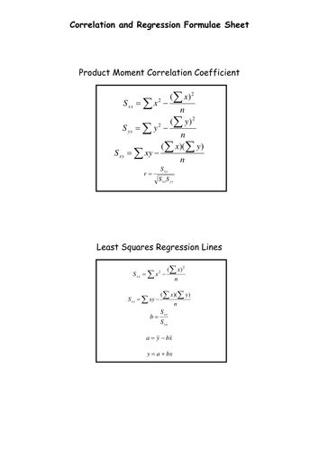 Correlation And Regression Formulae Sheet By Ryansmailes Teaching