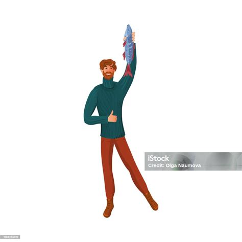 스웨터에 행복한 수염 어부는 물고기를 잡은 엄지 손가락을 보여주는 보여줍니다 평면 만화 스타일의 벡터 일러스트레이션입니다 남자에