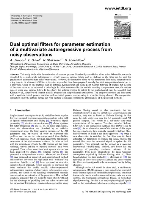 Pdf Dual Optimal Filters For Parameter Estimation Of A Multivariate