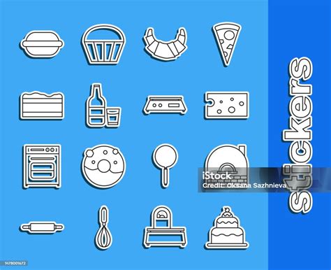 세트 라인 케이크 벽돌 스토브 치즈 크로와상 우유와 유리가 든 유리 병 브라우니 초콜릿 케이크 마카롱 쿠키 및 전자 저울 아이콘 벡터 규모에 대한 스톡 벡터 아트 및 기타