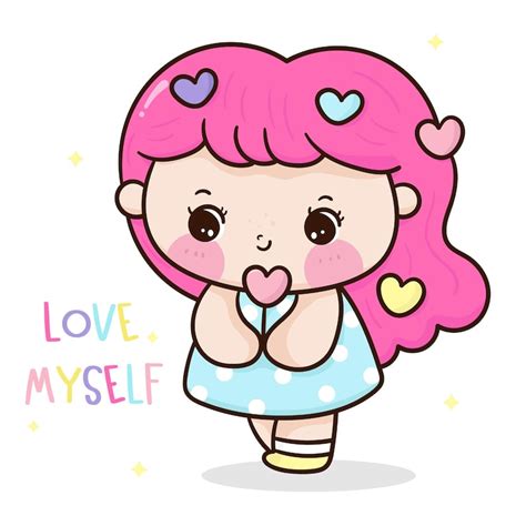 Premium Vector Self Care Cute Girl Holding Heart Flower Kawaii Cartoon