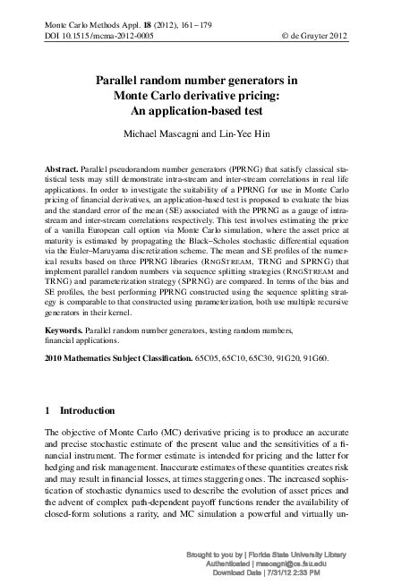 Parallel Random Number Generators In Monte Carlo Derivative Pricing An Application Based Test
