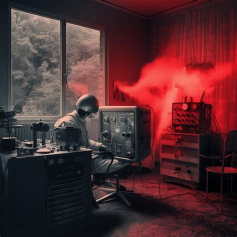 There Is A Man Sitting At A Desk With A Computer And A Red Light Generative Ai Premium Ai