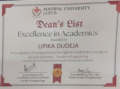 Lipika Dudeja On Linkedin Manipaluniversityjaipur Deanslist Academicexcellence Proudmoment