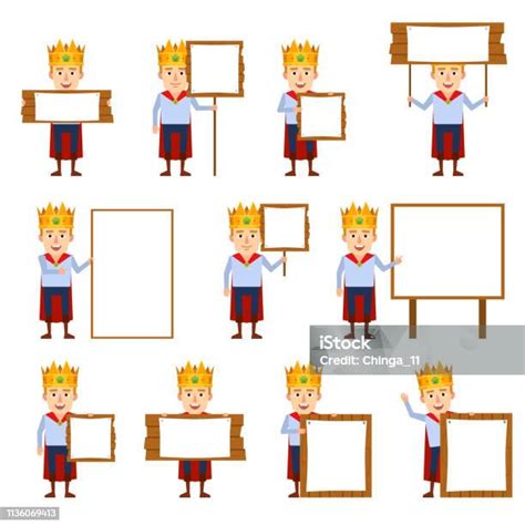 다른 나무 간판과 함께 포즈 젊은 왕 캐릭터의 집합입니다 쾌활 한 중세 왕자 지주 사인 배너 화이트 보드를 가리키는 가리키기에