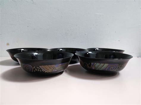 5 Black Arcoroc France Bowls Etsy