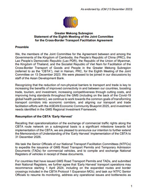 Joint Committee For The Cross Border Transport Facilitation Agreement Greater Mekong Subregion