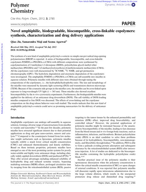Pdf Novel Amphiphilic Biodegradable Biocompatible Cross Linkable