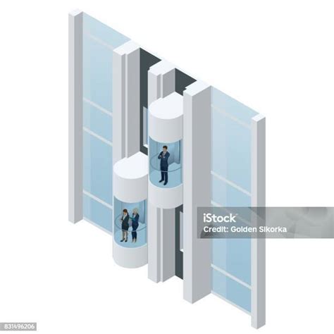 유리 미래 원통 모양의 엘리베이터 또는 리프트 비즈니스 센터에서 현대 개인 교통입니다 아이소메트릭 벡터 현실적인 그림 엘리베이터에 대한 스톡 벡터 아트 및 기타 이미지