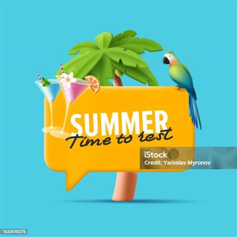 3d 마가리타 칵테일이 있는 여름 칵테일 파티 구성 앵무새와 홍보 문구가 있는 말풍선 0명에 대한 스톡 벡터 아트 및 기타 이미지 0명 3차원 형태 강단 Istock
