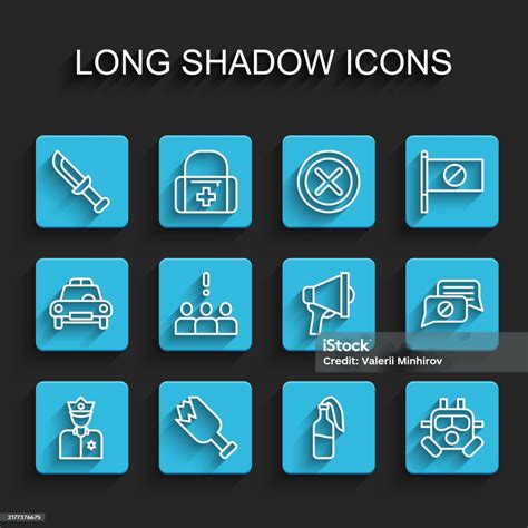 세트 라인 경찰관 무기로 깨진 병 군용 칼 칵테일 화염병 방독면 군중 시위 말풍선 채팅 및 확성기 아이콘 벡터 Brand Name Online Messaging