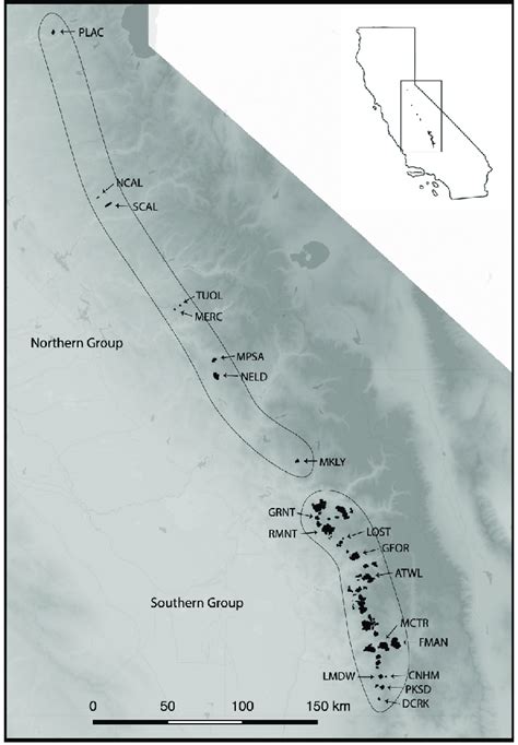 Sequoiadendron Giganteum Distribution A Map Of California Usa With